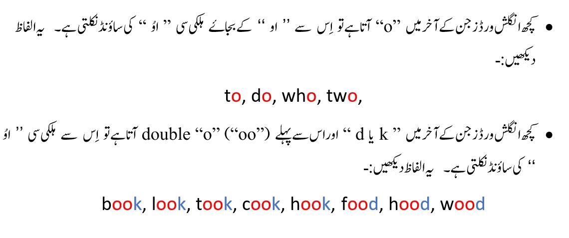 Vowel o sounds and phonics explained in Urdu with examples