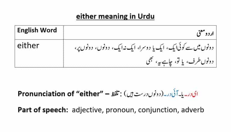 either meaning in Urdu with examples, definition, and pronunciation
